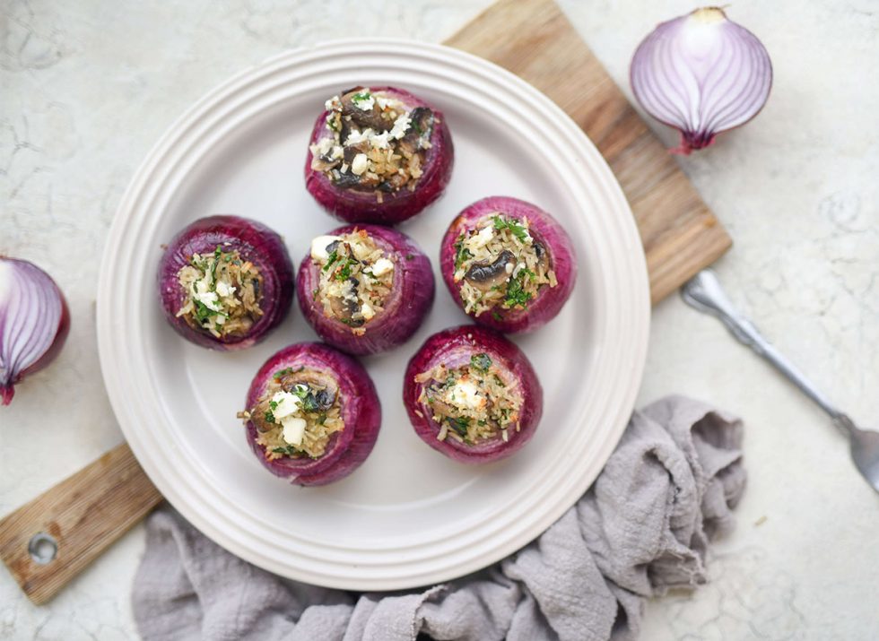 Stuffed red onions with mushrooms, feta and fresh herbs | Australian Onions