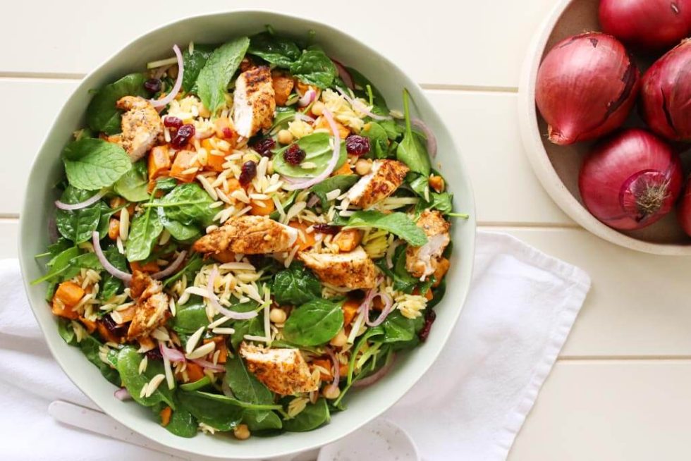 Chicken salad with red onion, risoni and almonds | Australian Onions